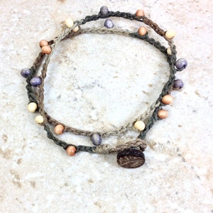 Wrap Boho Hemp Anklet or Bracelet, Crocheted With Wood Beads on Ombre ...