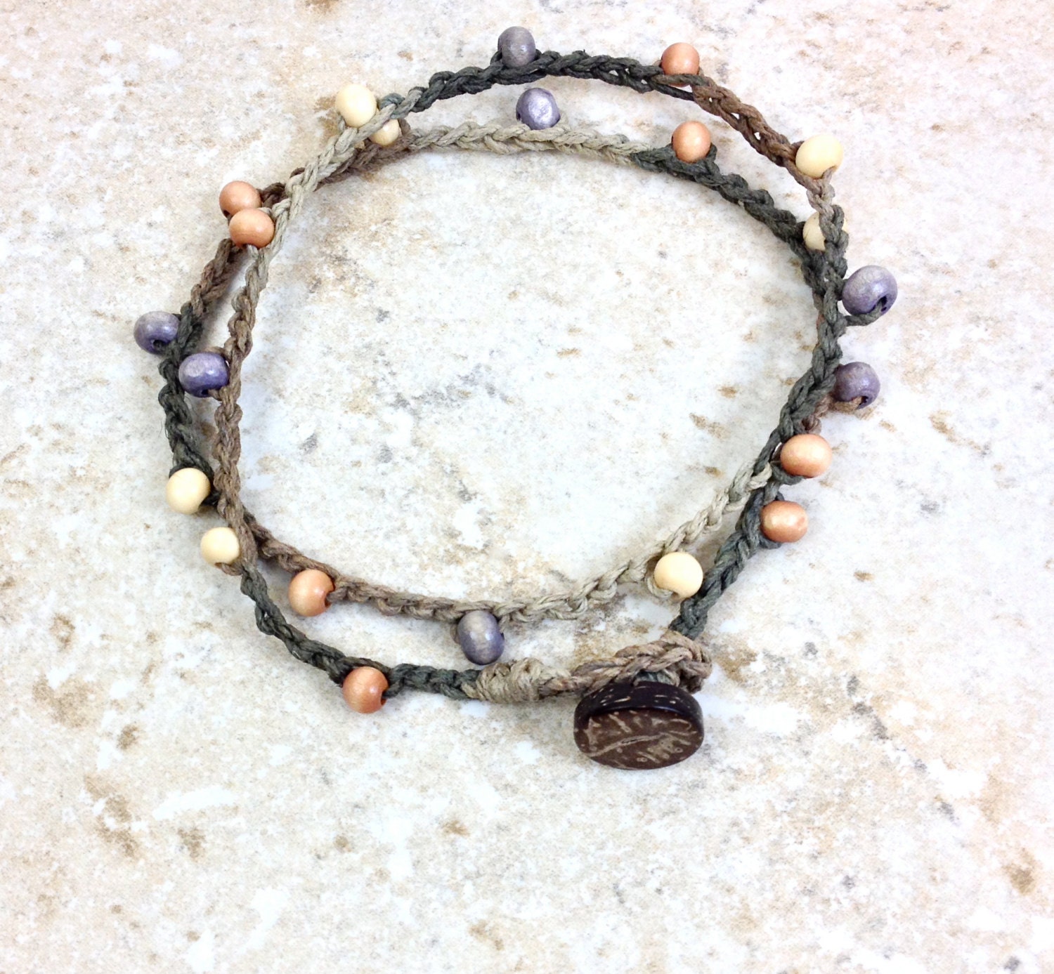 Wrap Boho Hemp Anklet or Bracelet Crocheted with Wood Beads | Etsy