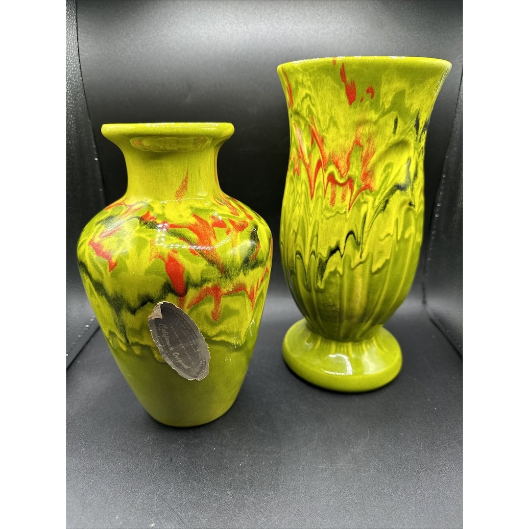 Vintage California Pottery Vases Set of 2 MCM Green Orange Brown Drip ...