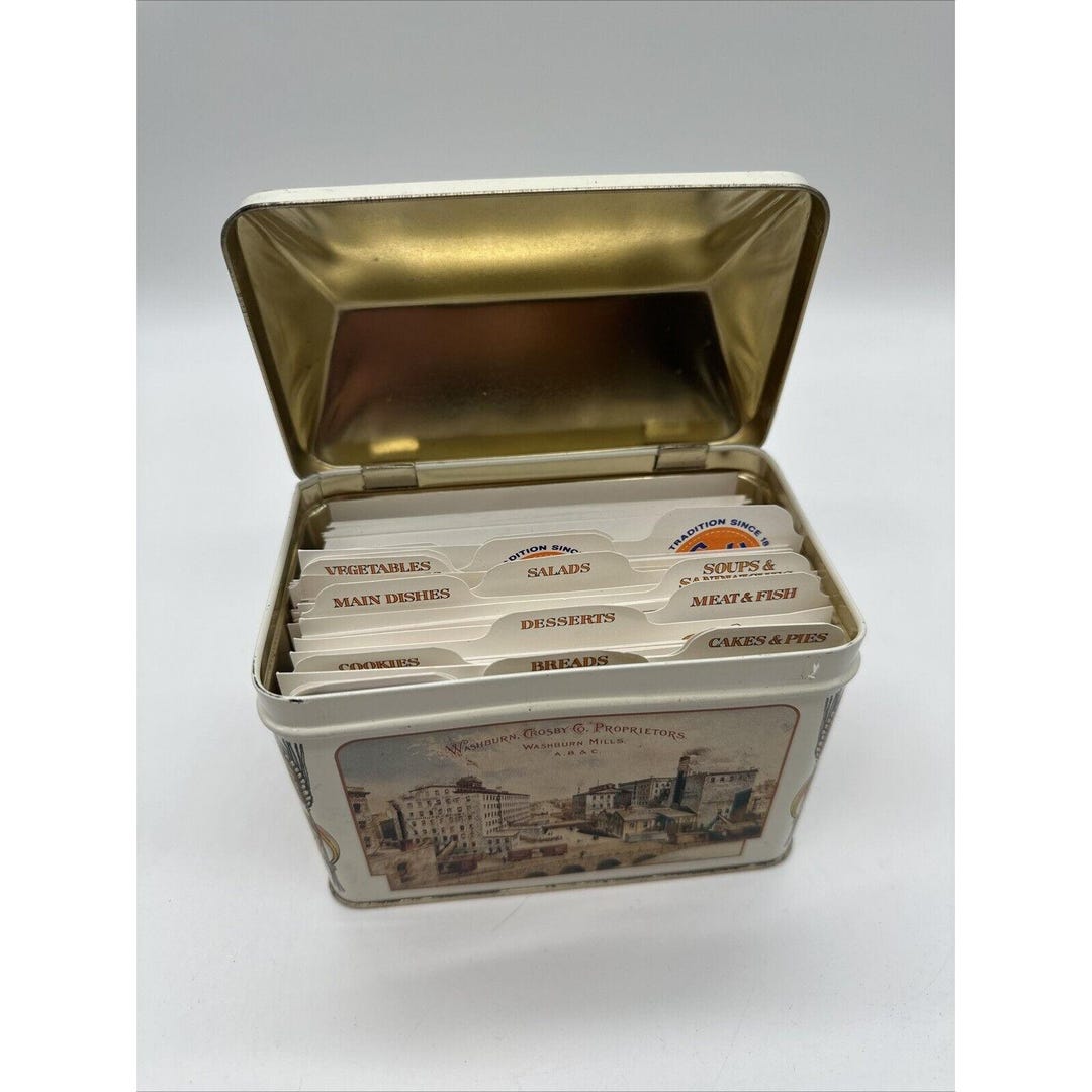 Vtg Washburn's Gold Medal Flour Tin Recipe Box W/recipe Cards Kitchen ...