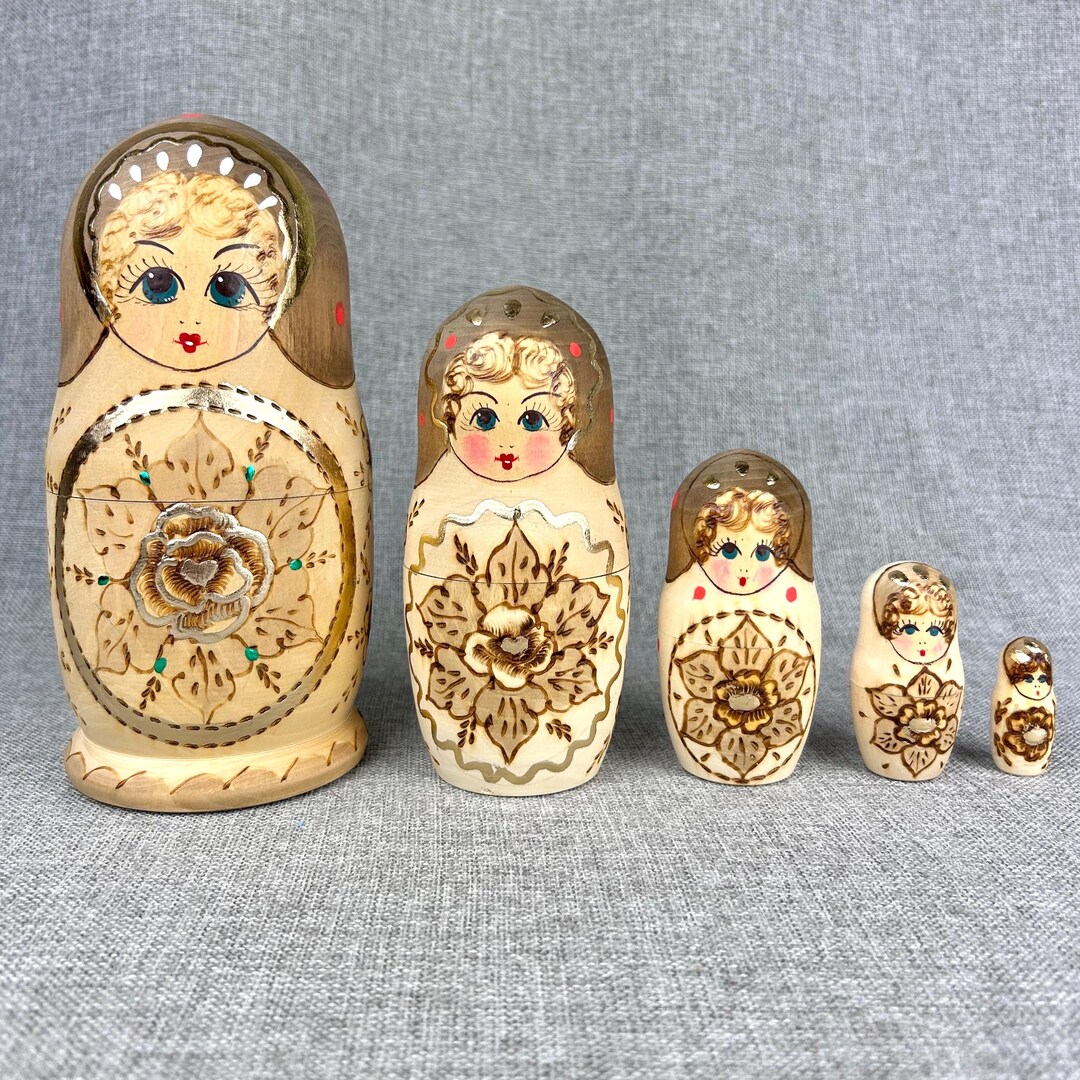 Russian Folk Art Hand Painted Wood Burned Matryoshka Nesting Dolls - Etsy