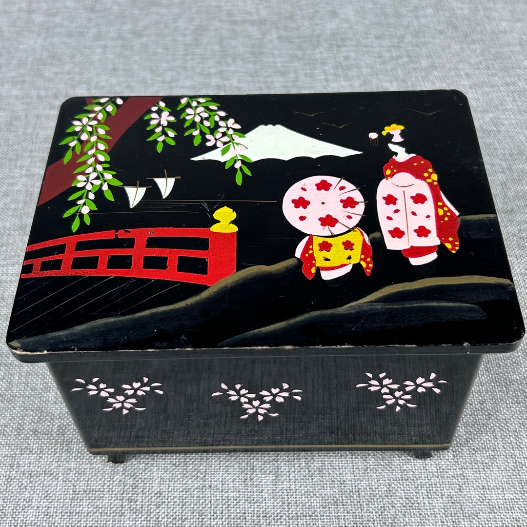 Vintage Japanese Painted Black Lacquer Musical Jewelry Box - Etsy