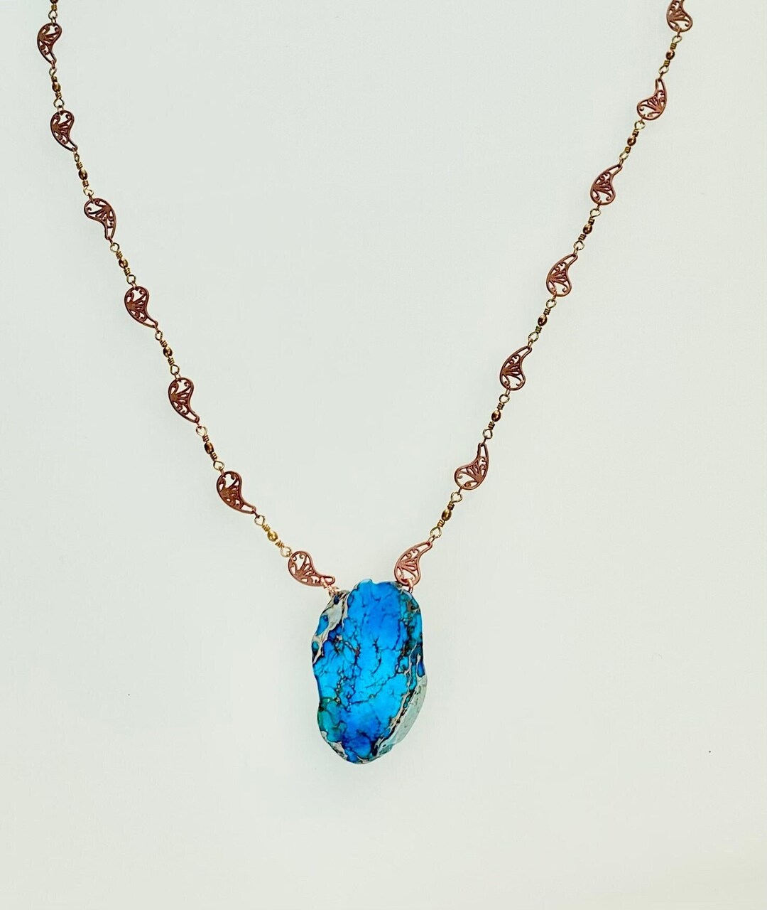 Vintage Copper Paisley Chain Necklace With Ocean Blue Stone Pendant ...
