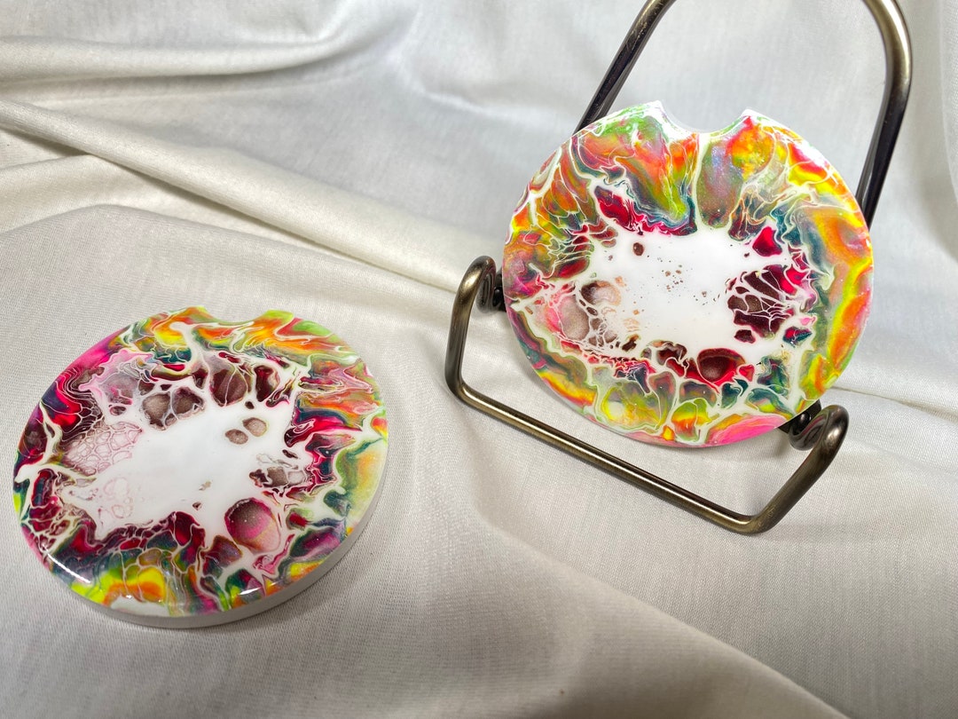 Multi-colored Ceramic Car Coasters set of 2 Fluid Art Painted Coasters ...