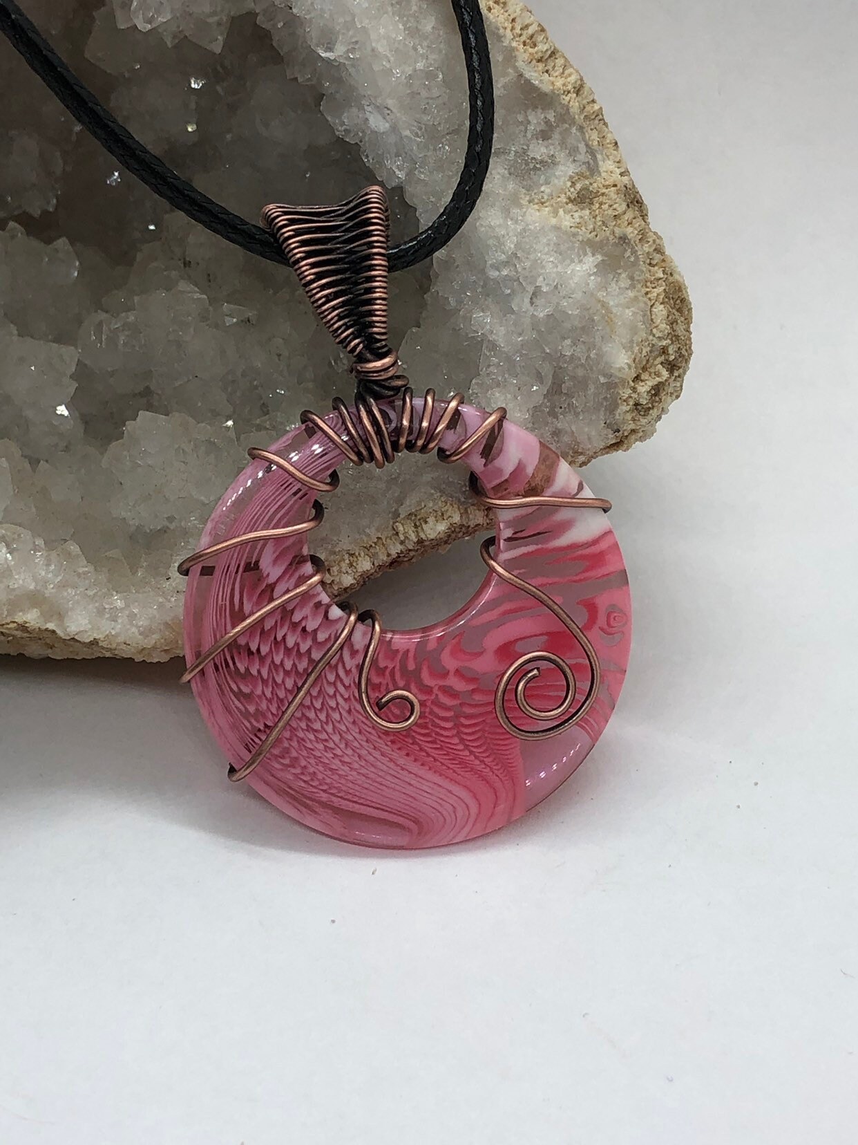 Pink Swirled Resin Pendant Wrapped in Copper Wire - Etsy