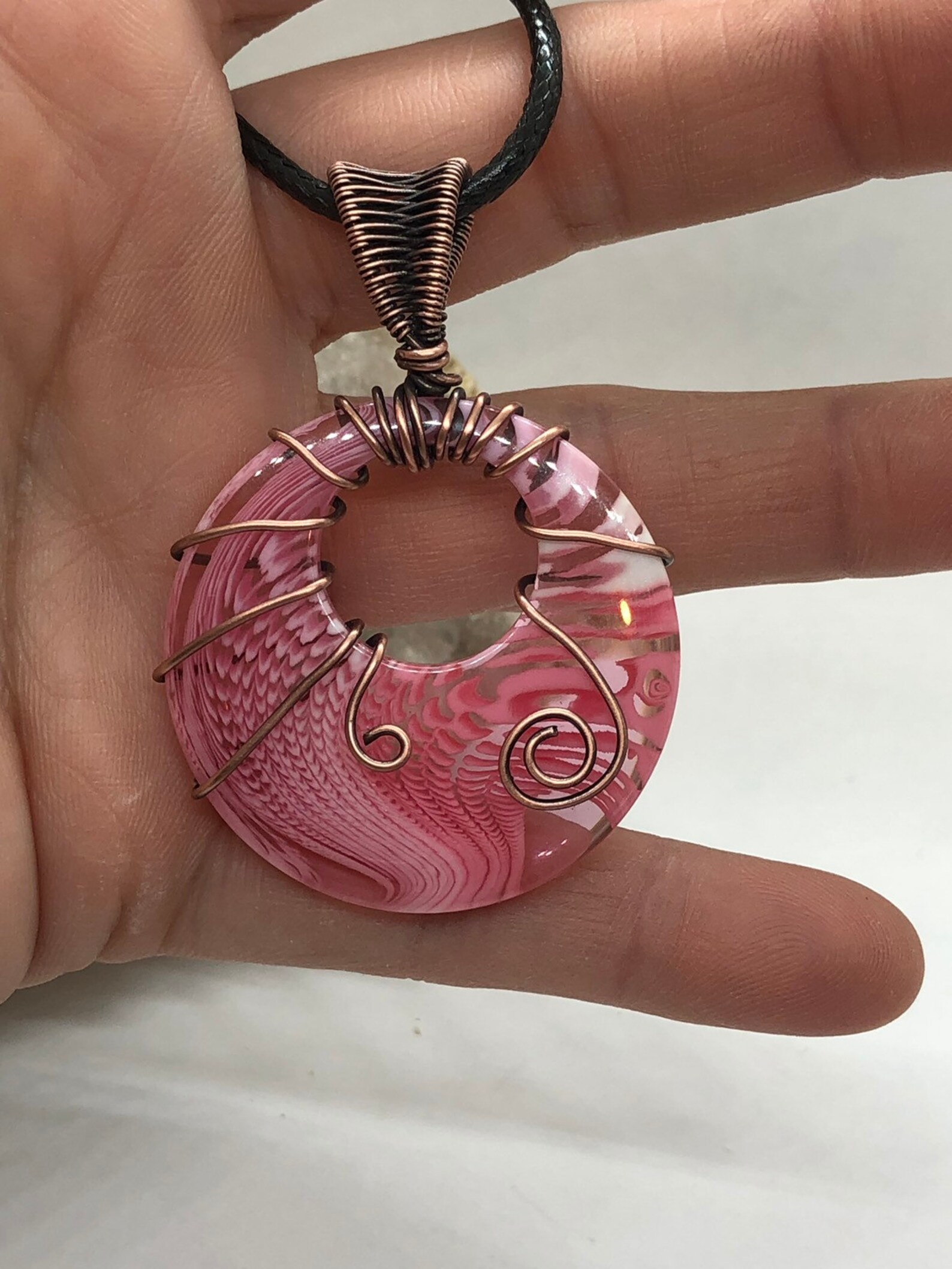 Pink Swirled Resin Pendant Wrapped in Copper Wire - Etsy