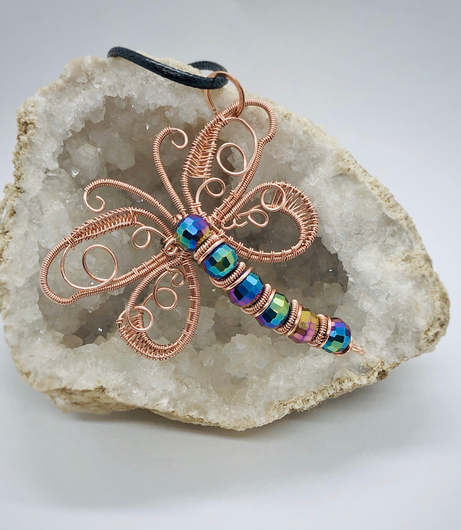 Copper Wire Wrapped Dragonfly Pendant W/ Mermaid Colored Faceted Beads ...