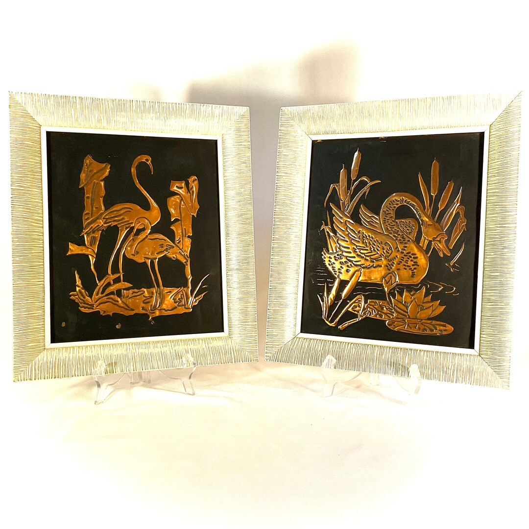 Vintage Copper Art Repousse Tooling MCM Wall Art Swan and Flamingo ...