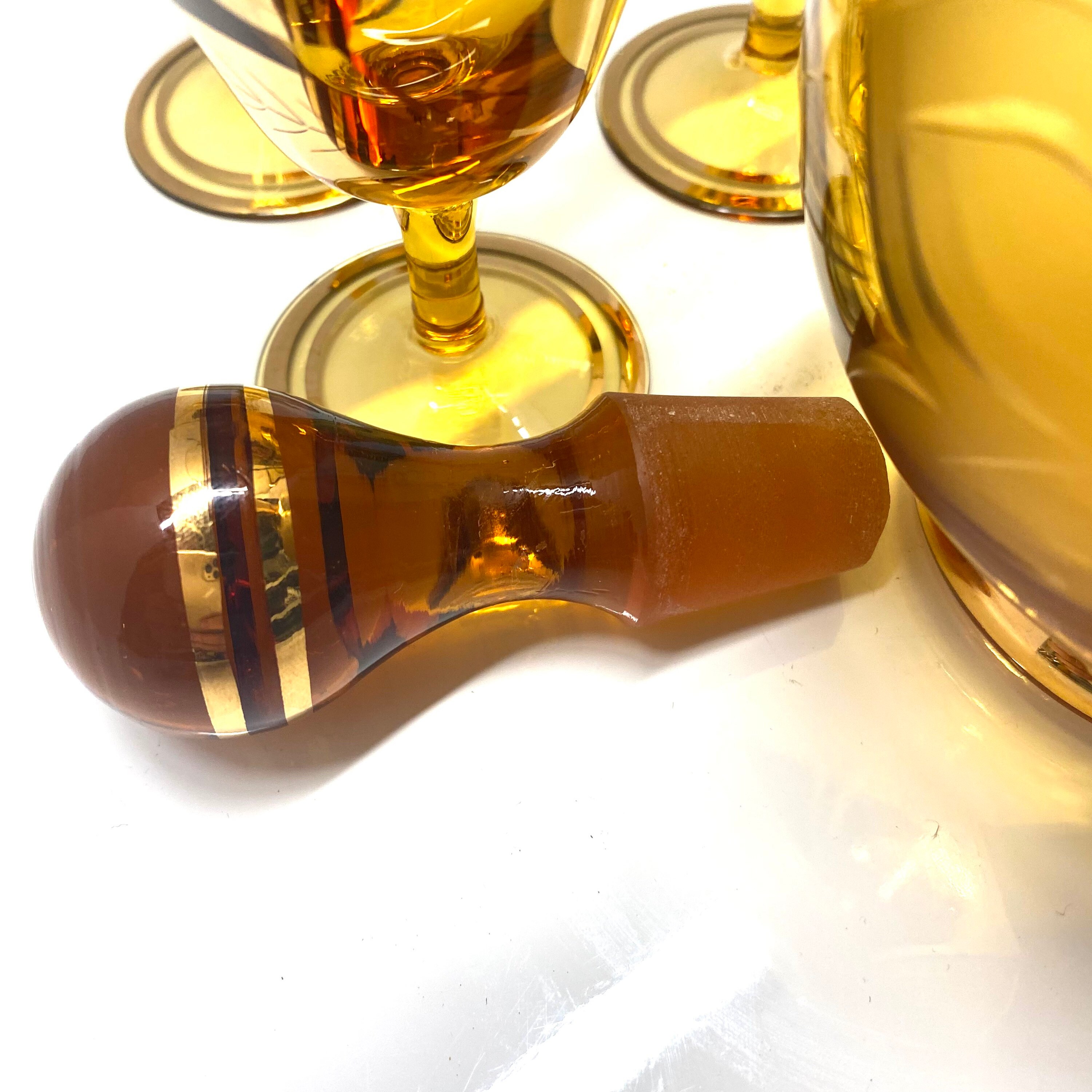 Vintage Bohemian Amber Glass Decanter Set - Etsy