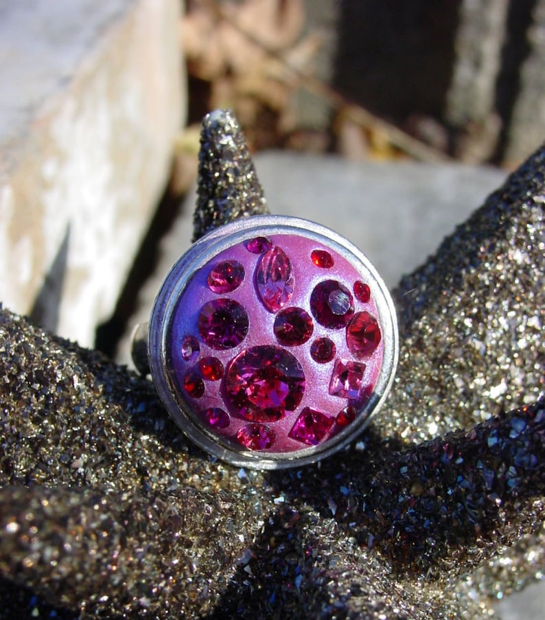 Fuchsia Crystal Chaton Ring, Pewter Adjustable Ring, Red Crystal Clay ...