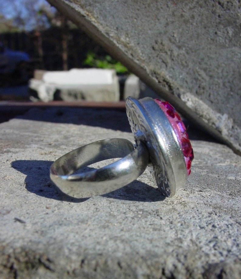 Fuchsia Crystal Chaton Ring, Pewter Adjustable Ring, Red Crystal Clay ...