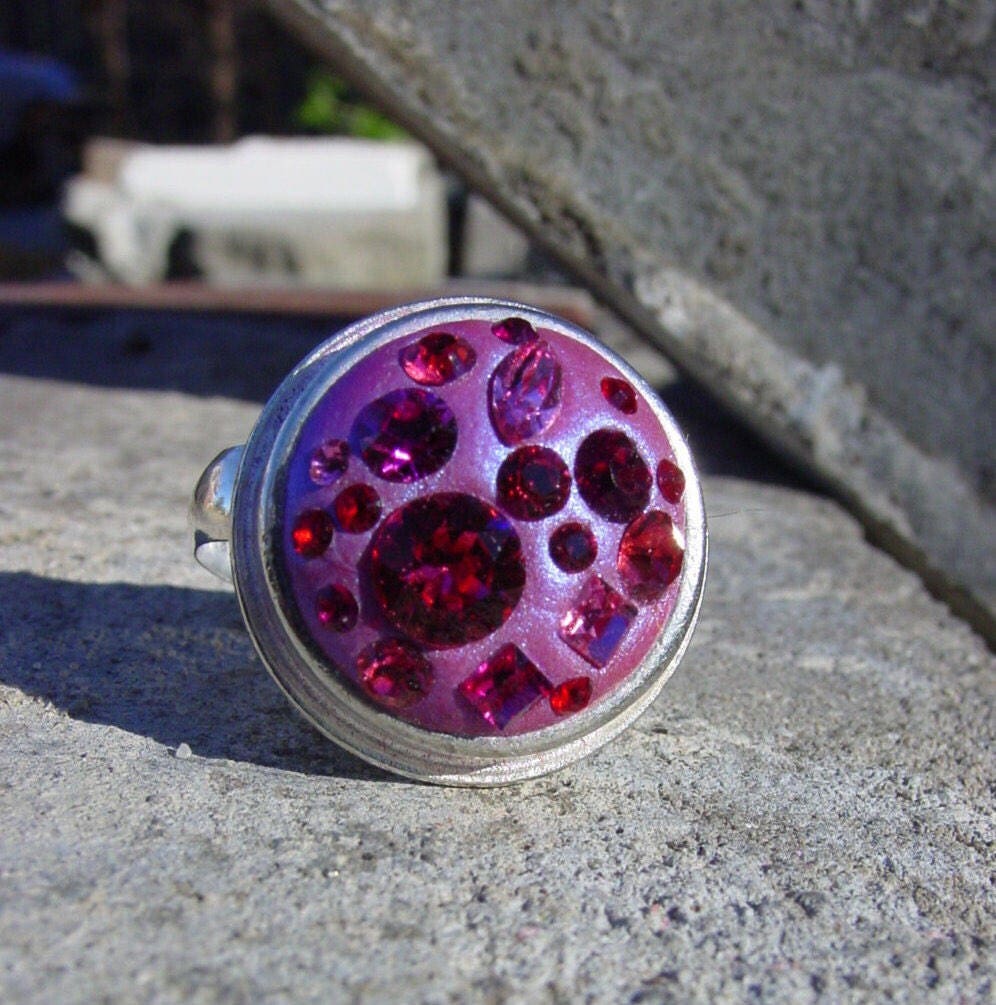 Fuchsia Crystal Chaton Ring, Pewter Adjustable Ring, Red Crystal Clay ...