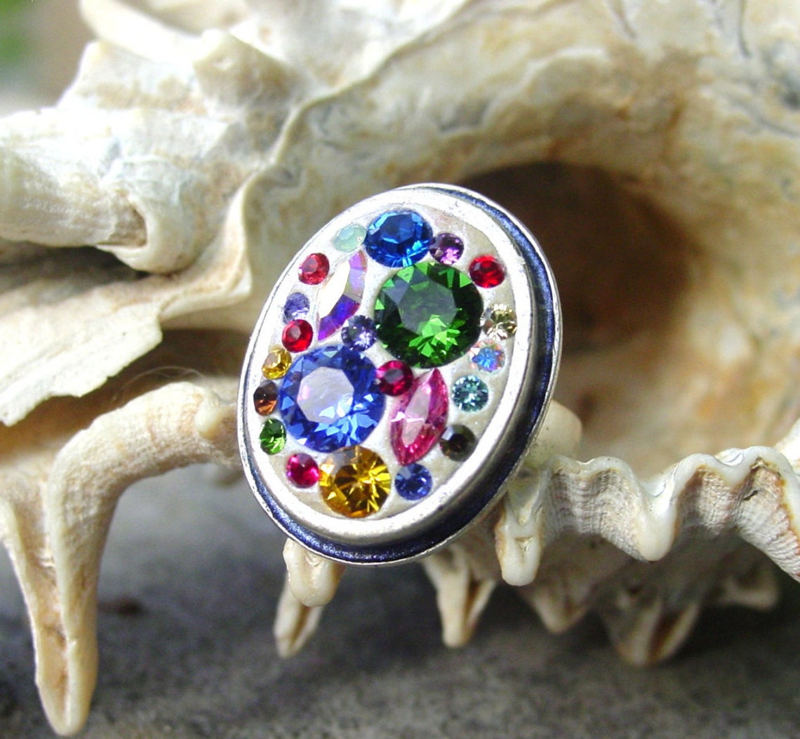 Multi-colored Swarovski Crystal Chaton Ring, Bling Ring, Pewter Ring ...