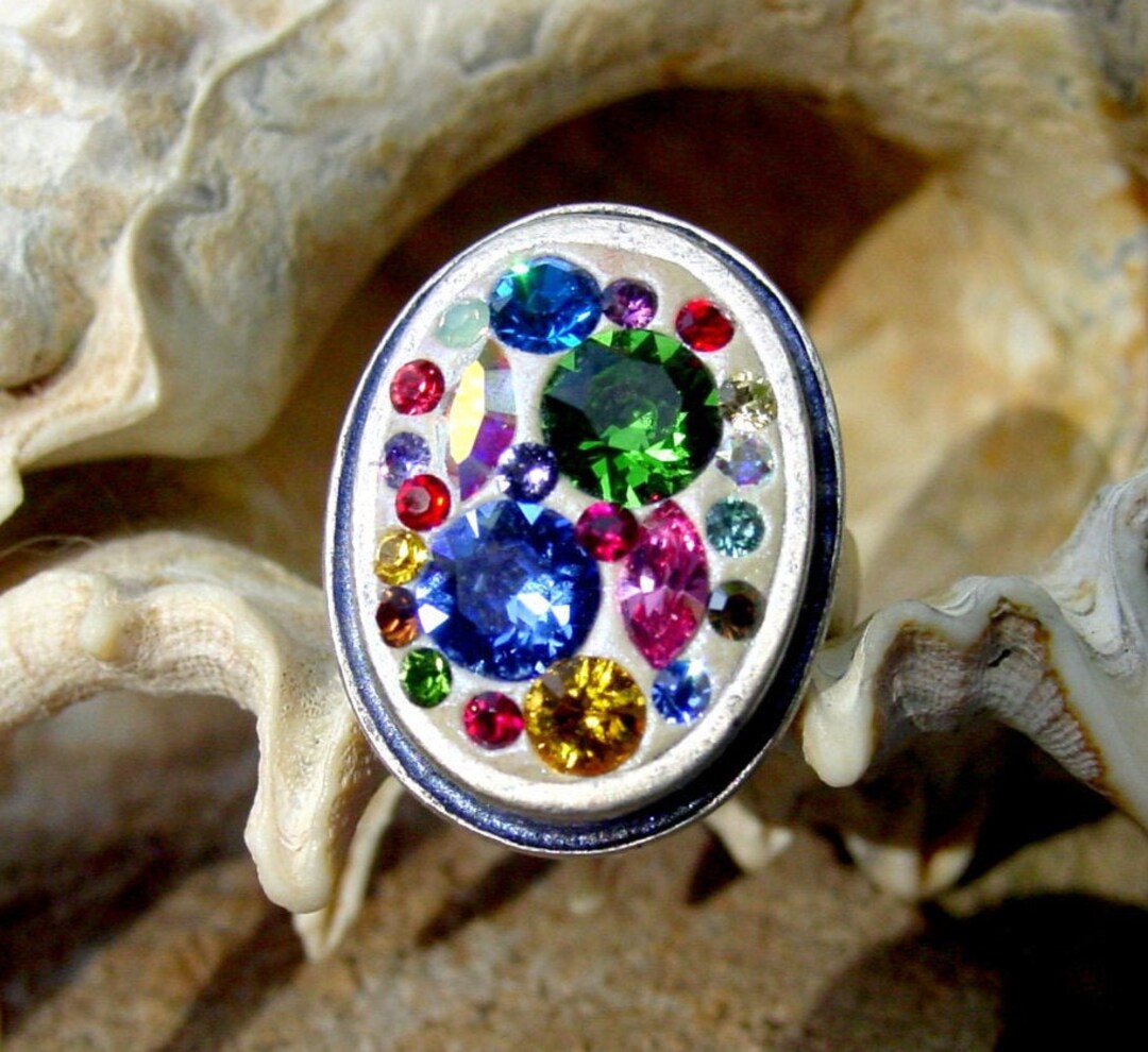 Multi-colored Swarovski Crystal Chaton Ring, Bling Ring, Pewter Ring ...