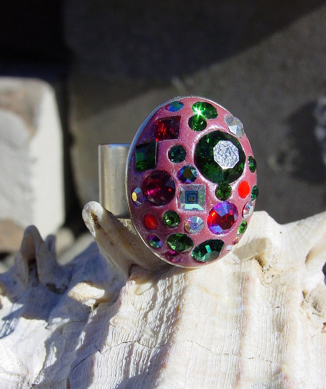 Christmas Bling Ring, Swarovski Crystal Chaton Ring, Silver Plated ...