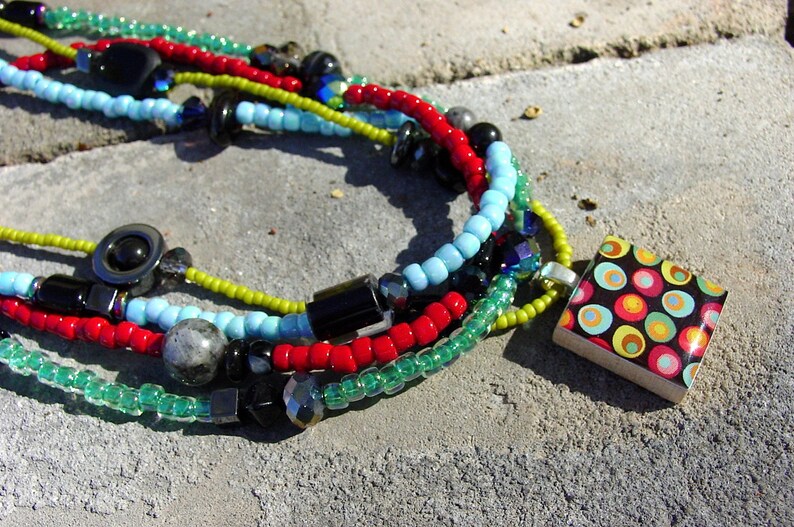 Multi Strand Necklace, Scrabble Tile Pendant Necklace, Czech Glass ...