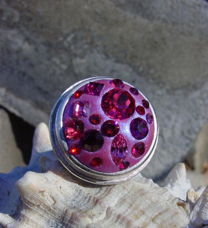 Fuchsia Crystal Chaton Ring, Pewter Adjustable Ring, Red Crystal Clay ...