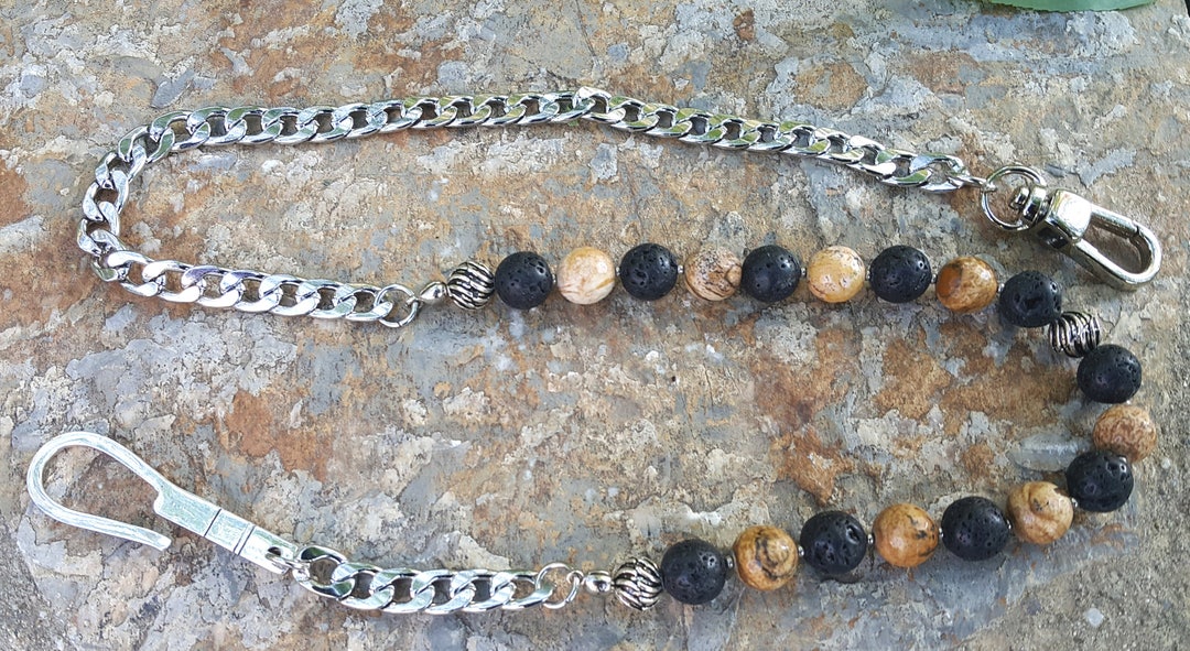 Mens Beaded Wallet Chain - Lava Rock, Jasper, Sterling Silver Hook - Etsy