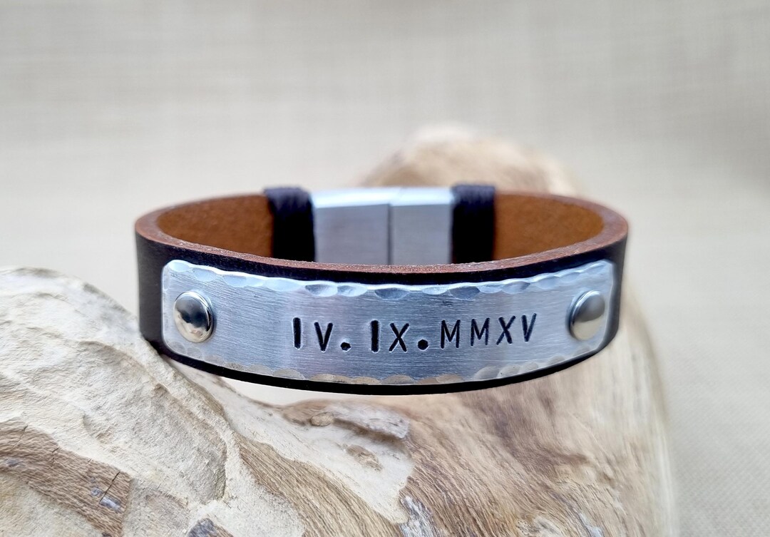 Custom Engraved Roman Numerals Leather Bracelet, Anniversary Date ...