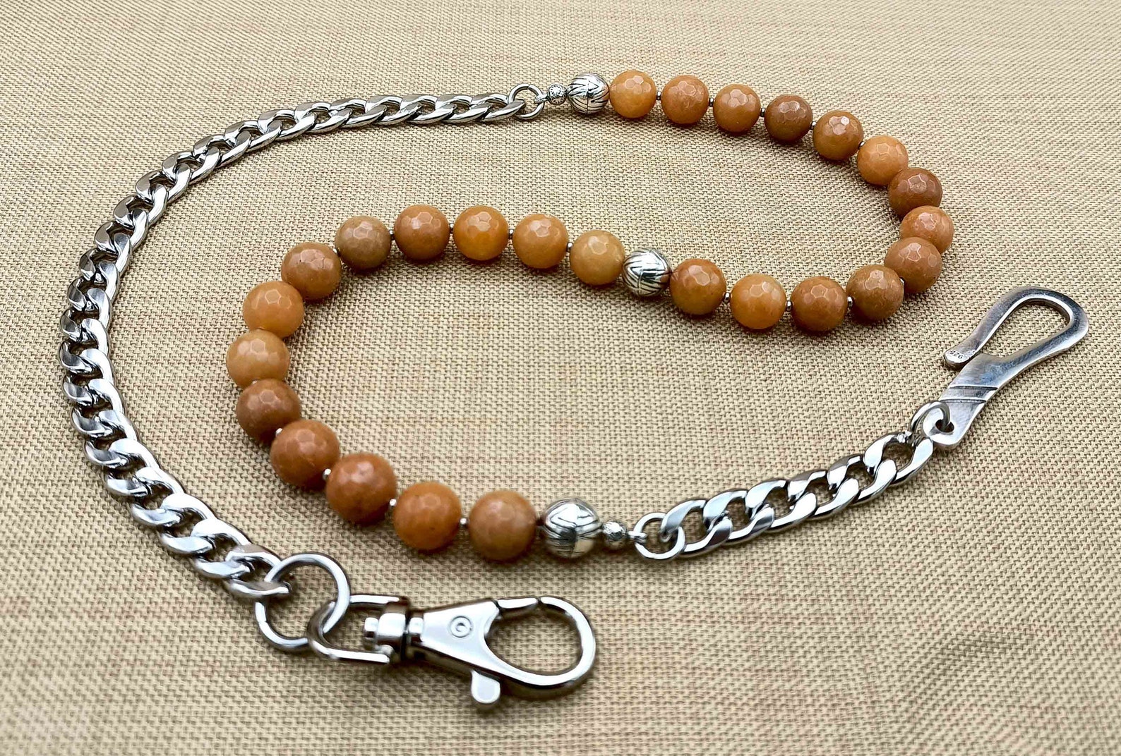 Men's Wallet Chain – Orange Aventurine Beaded Chain – Sterling Silver ...