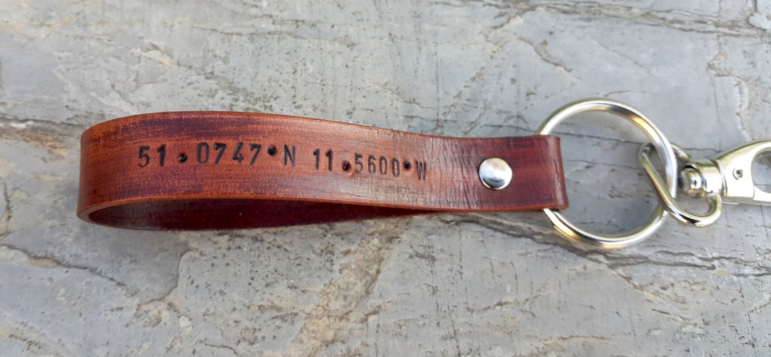 Personalized Leather Key Fob, Custom Engraved Keychain, Coordinates ...
