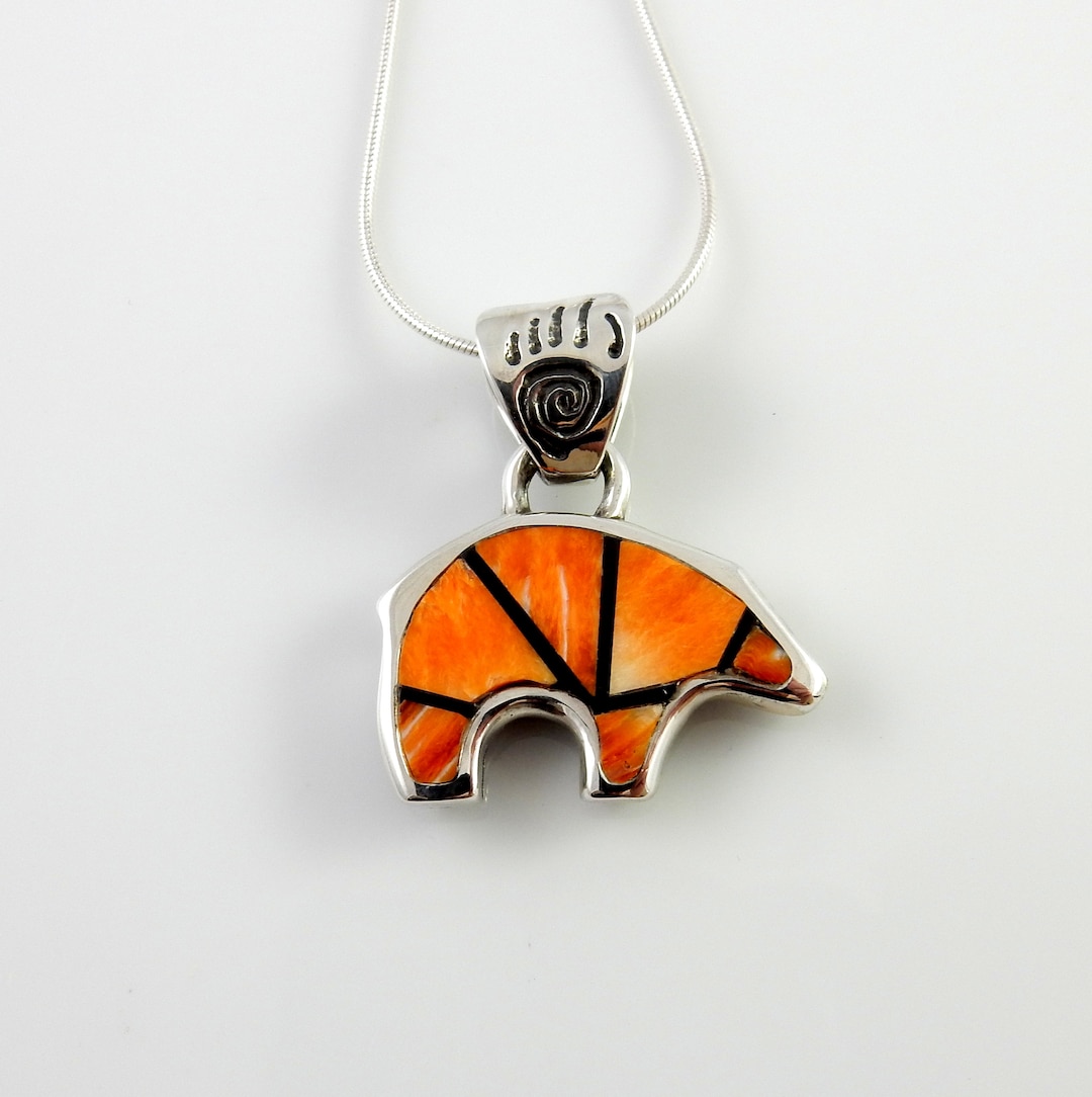 Sterling Silver Spiny Oyster Inlay Bear Pendant, Unique Silver Orange ...