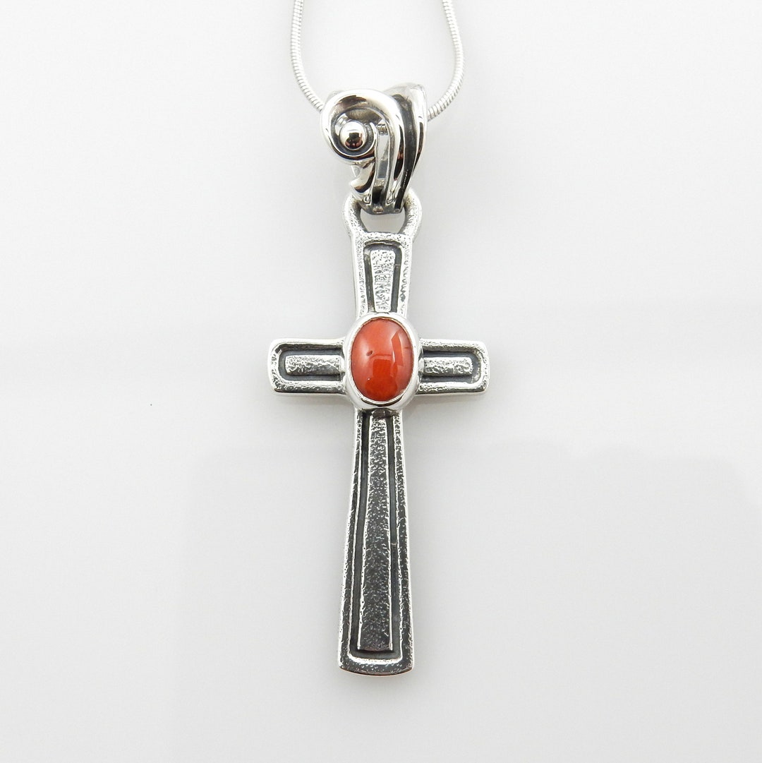 Silver Red Coral Cross Pendant, Handmade Red Statement Jewelry, One of ...