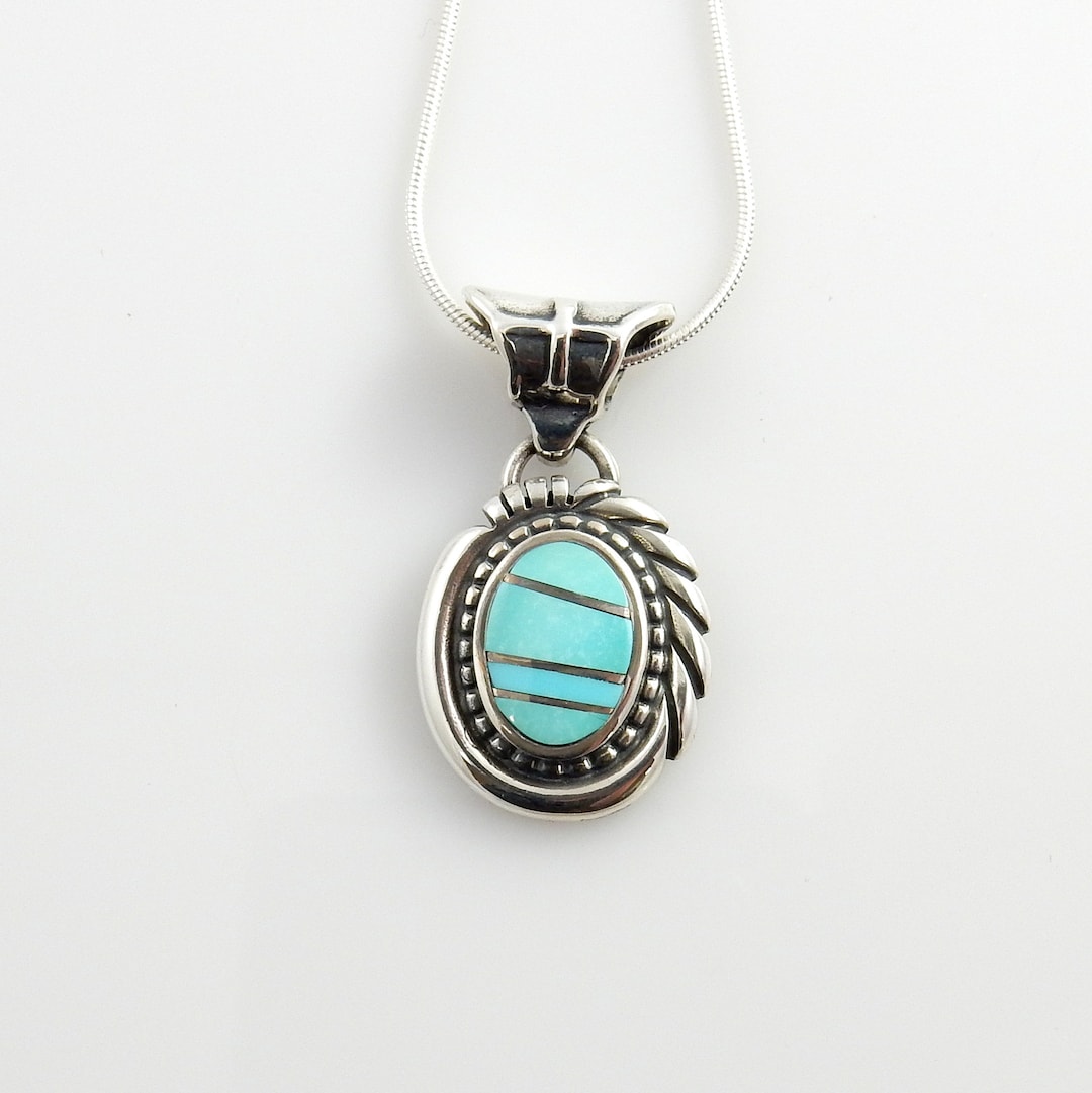 Sterling Silver Blue Turquoise Inlay Pendant, Blue Gemstone Inlaid Boho ...
