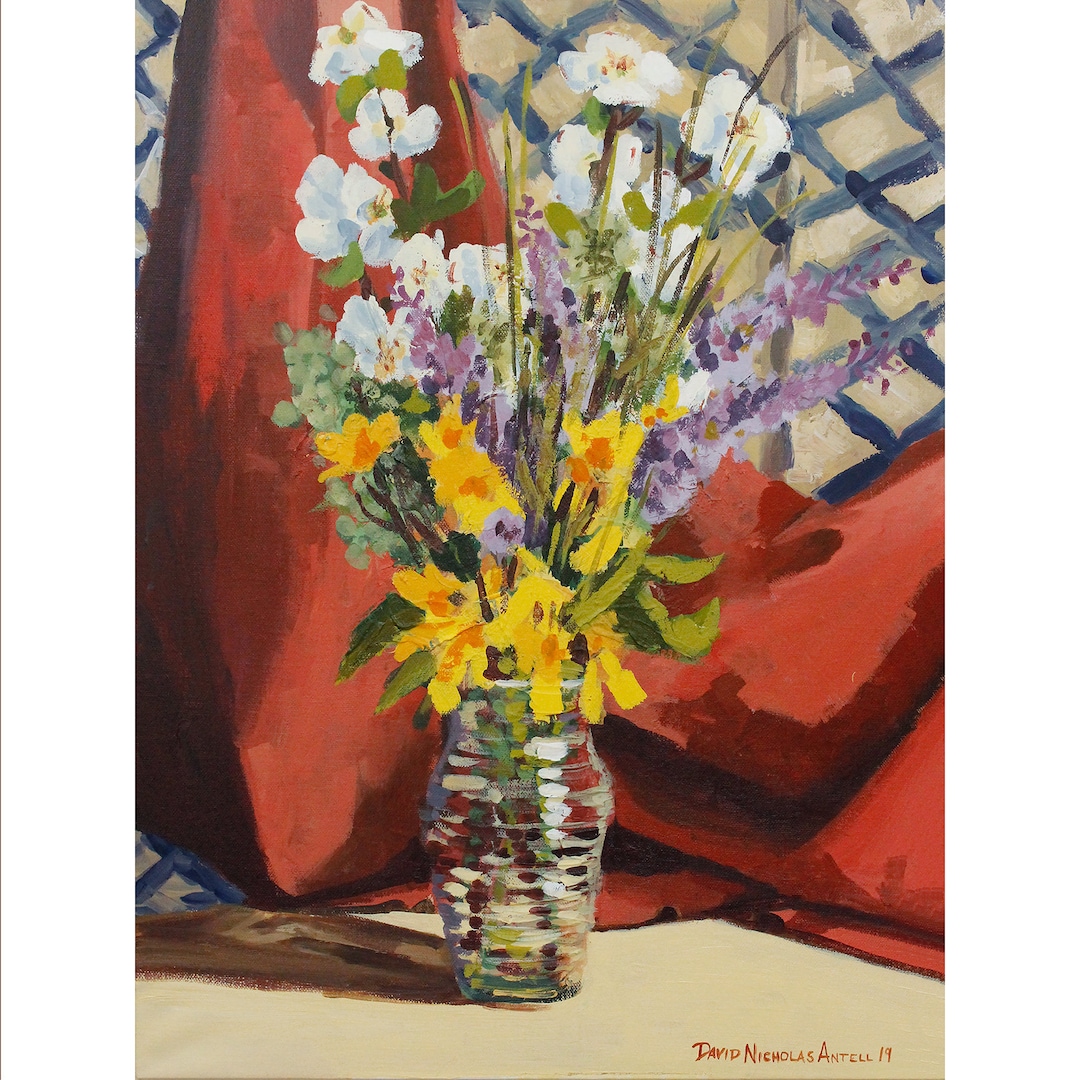Original Floral Still Life Painting on Canvas, Flowers in Vase Acrylic ...
