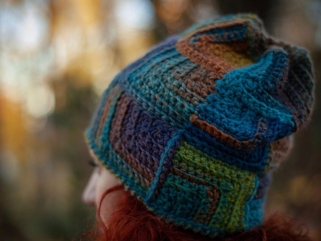 Crochet Patchwork Beanie, Cinnamon & Azure Wool Blend - Etsy