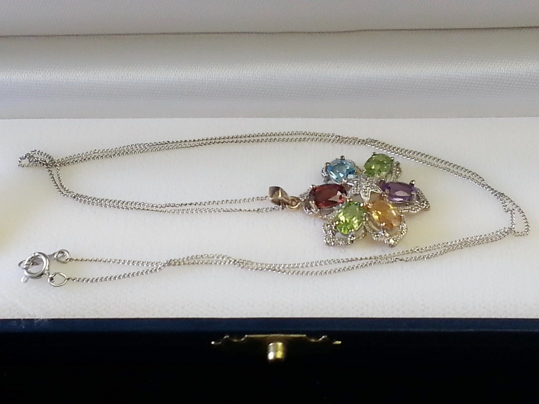 Very Rare Multi-color Stones 10K White Gold Pendant & 14K White Gold ...