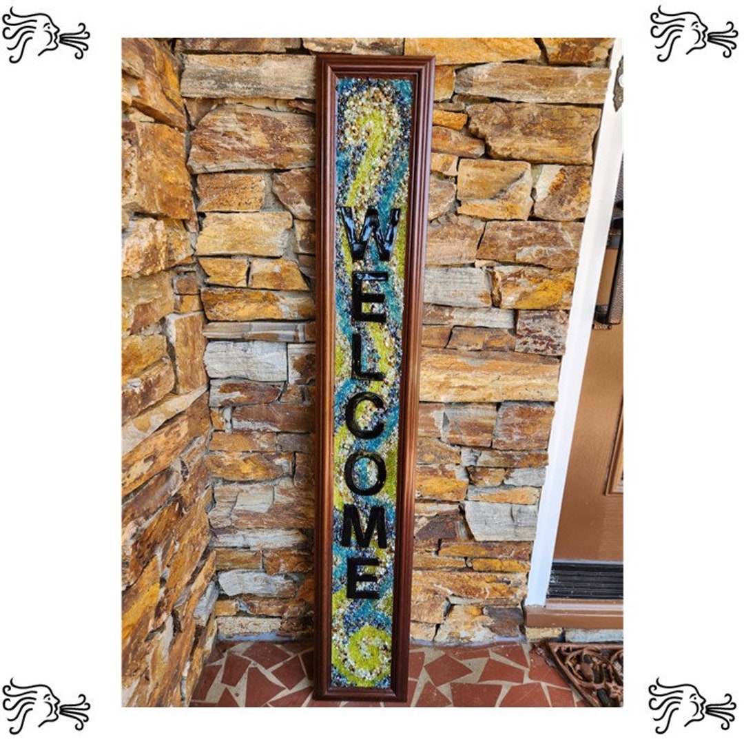 Tall Framed Crushed Blue Green Glass and Stone Mosaic Outdoor Welcome ...