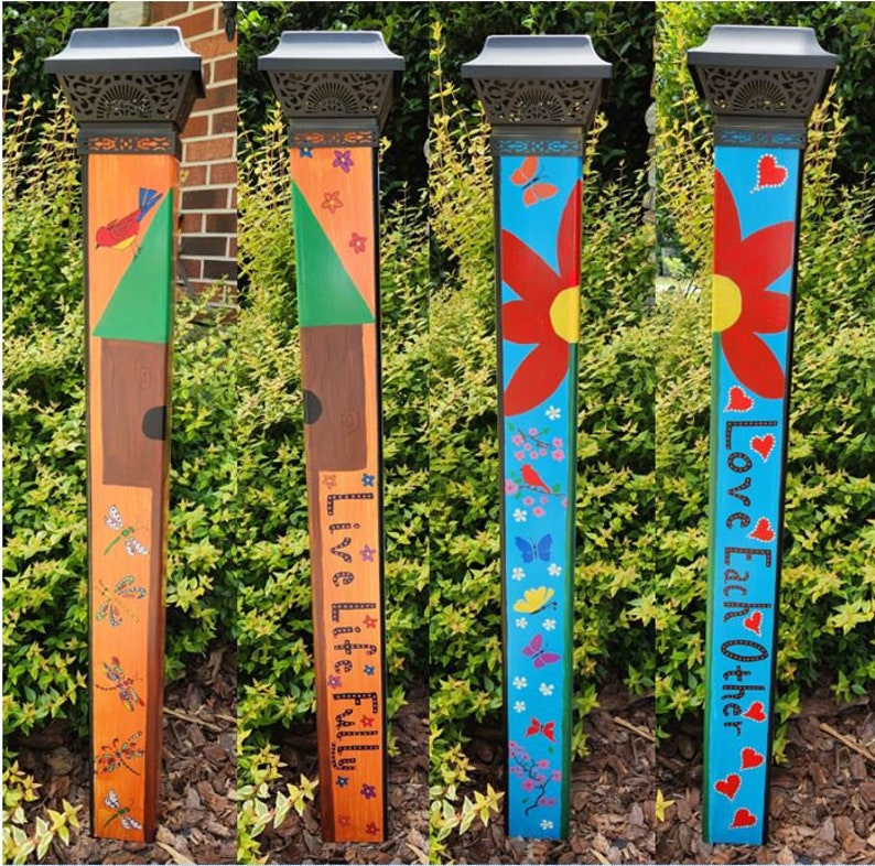 Garden Peace Pole Hand Painted With Solar Light Cap and Wire Stand ...