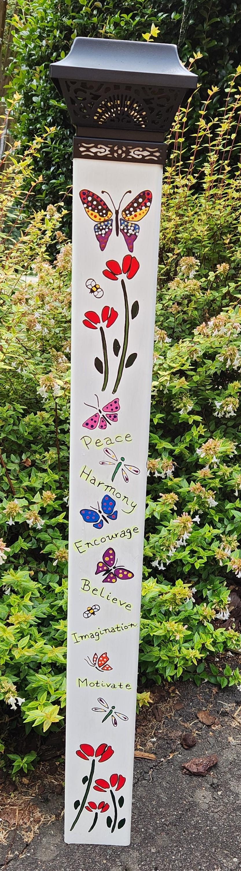 Garden Peace Pole Hand Painted With Solar Light Cap and Wire Stand ...