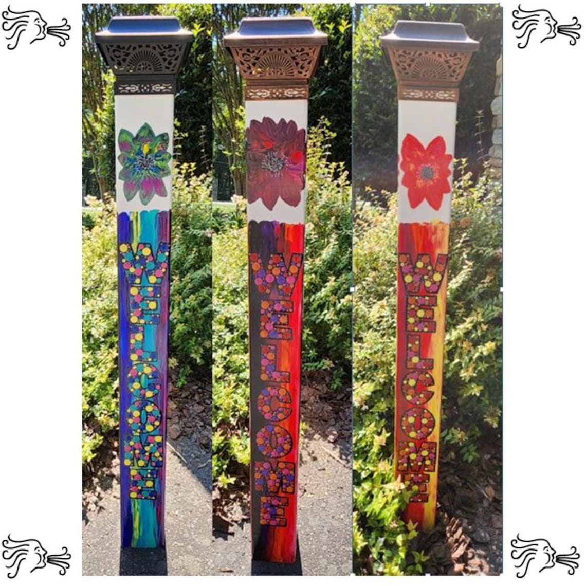 Garden Peace Pole Hand Painted With Solar Light Cap and Wire Stand ...
