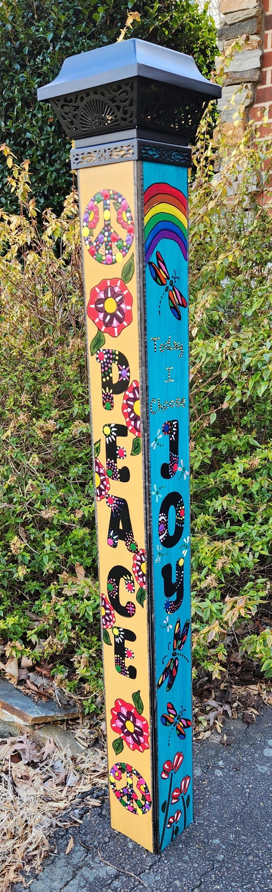 Garden Peace Pole Hand Painted With Solar Light Cap & Wire Stand Love ...