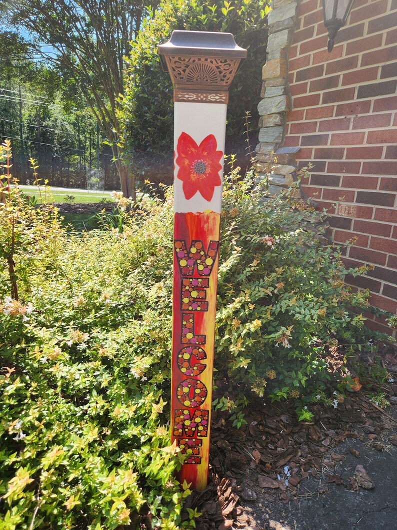 Garden Peace Pole Hand Painted With Solar Light Cap and Wire Stand ...