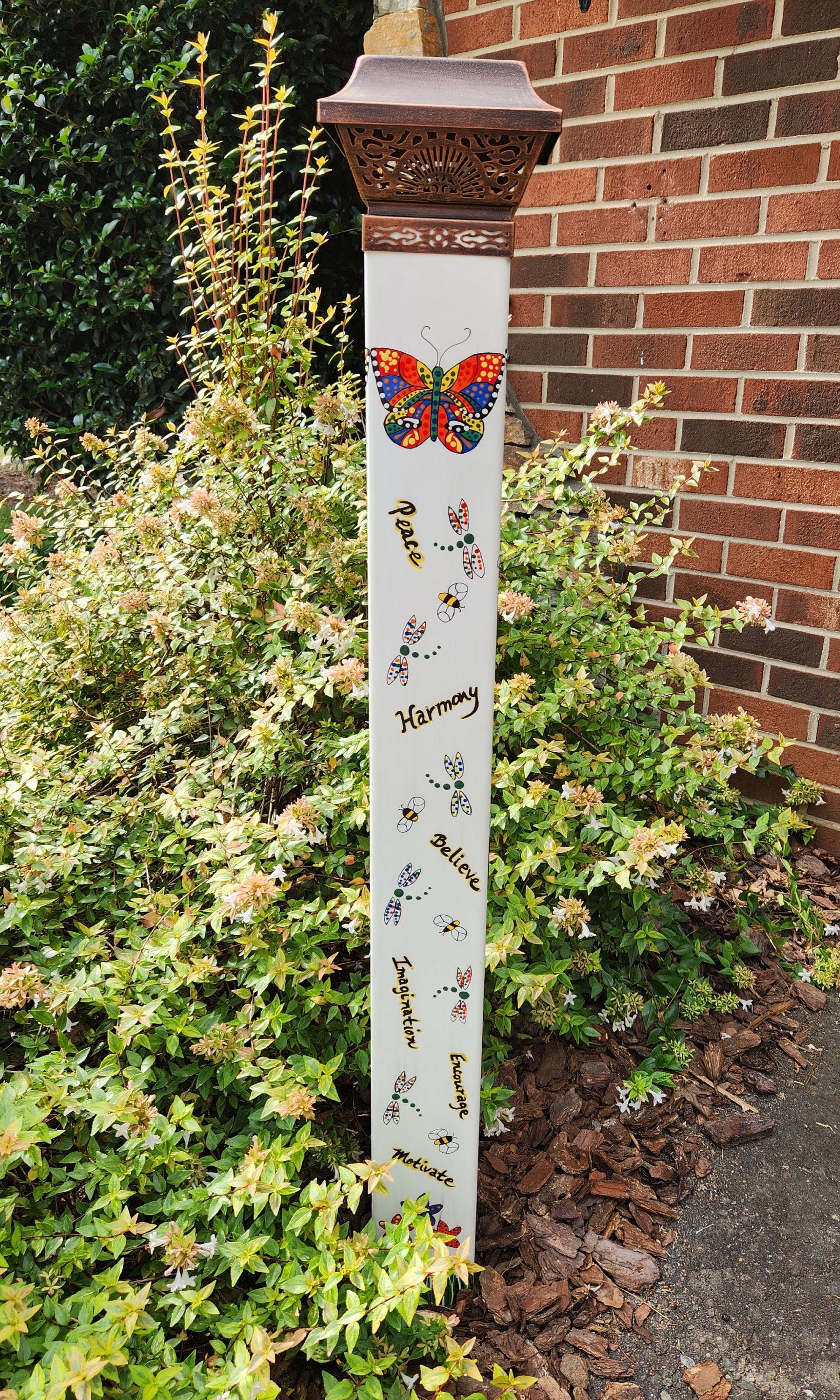 Garden Peace Pole Hand Painted With Solar Light Cap and Wire Stand ...