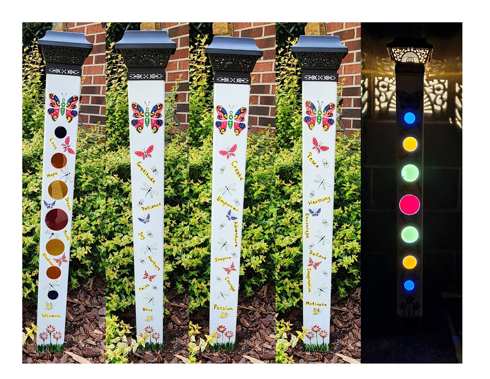 Garden Peace Pole Hand Painted With Solar Light Cap and Wire Stand ...