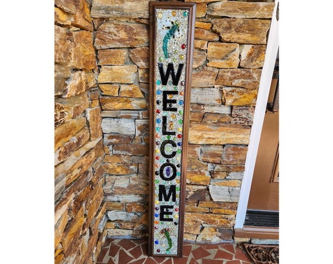 Tall Framed Crushed Glass Dragonfly Mosaic Outdoor Welcome Sign for ...