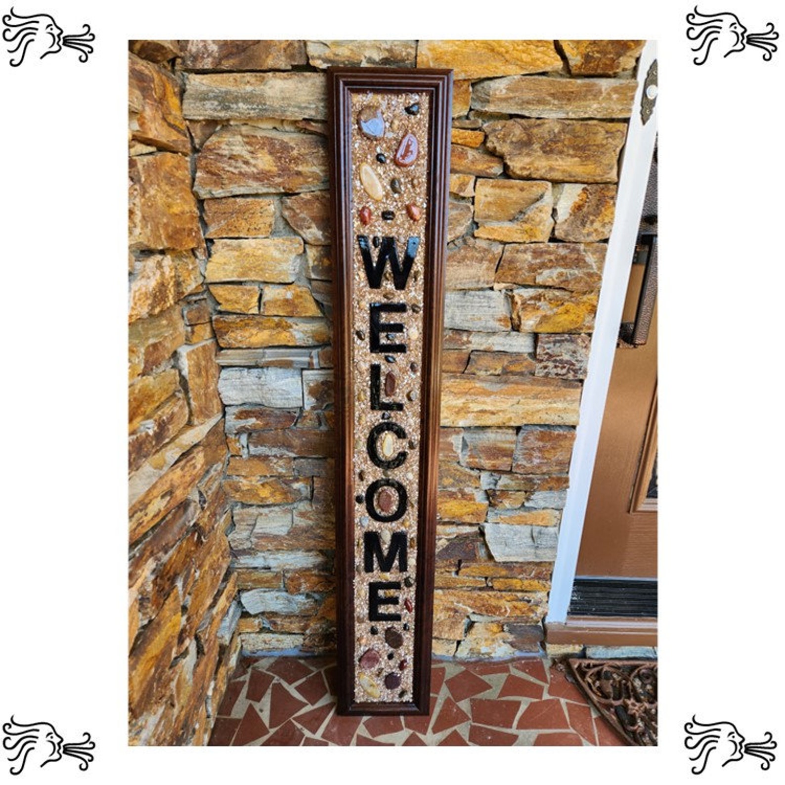 Tall Framed Glass & Stone Mosaic Outdoor Welcome Sign for Front Porch ...