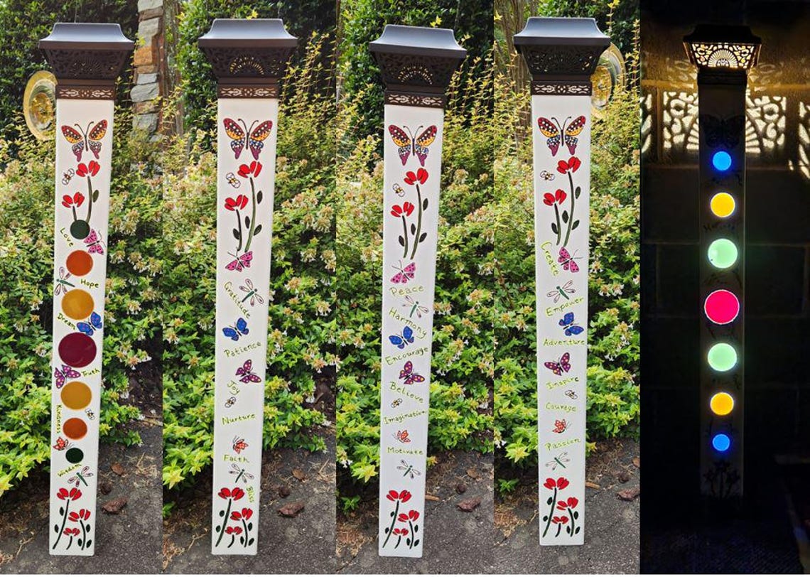 Garden Peace Pole Hand Painted With Solar Light Cap and Wire Stand ...