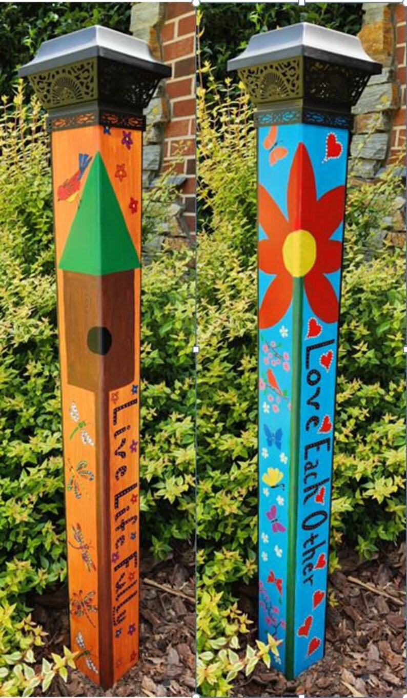 Garden Peace Pole Hand Painted With Solar Light Cap and Wire Stand ...