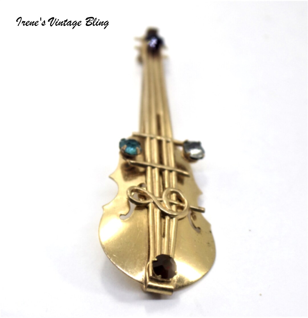 Charming Vintage Cello Brooch With Rhinestone Accents Gold Tone Jewelry ...