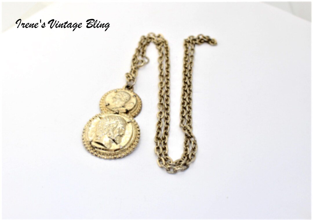 Statement Necklace Gold Tone Chain Coin Pendant 24necklace Statement ...