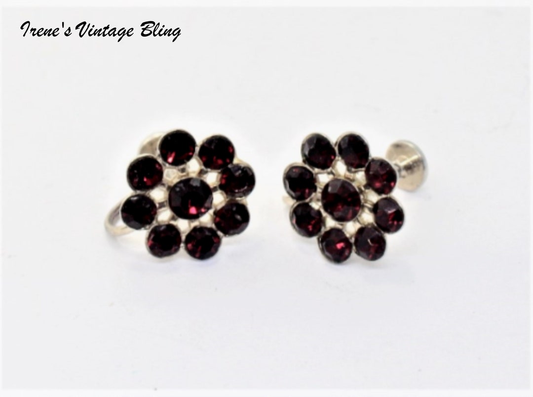 Vintage Ruby Red Rhinestone Earrings Silver Tone 1/4 Screw Back Earrings Costume Jewel Item CB ...