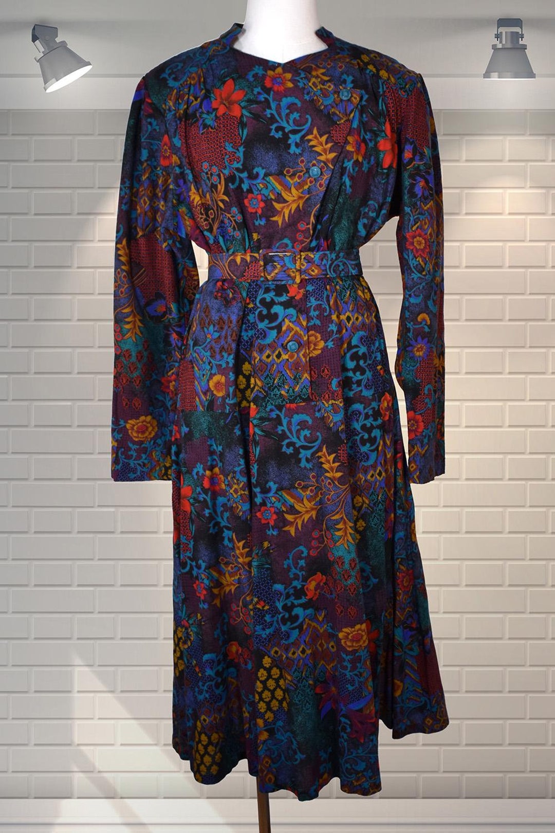 1980s Diagonal Bodice Belted Bold Pattern Dress Riddella UK 14 - Etsy