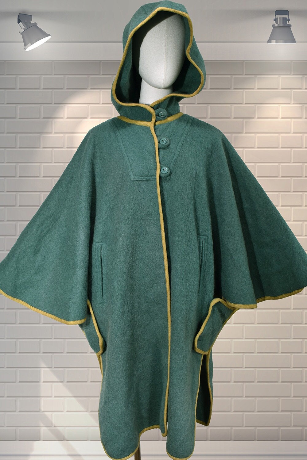 Handmade Long Wool Blend Lined Hooded Green Cape/cloak With