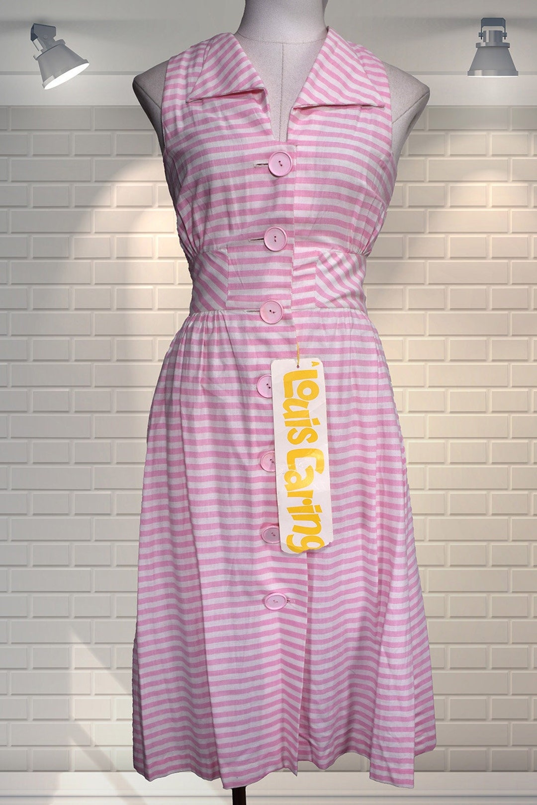 1970s Pink Striped Cotton Sundress – Louis Caring Spread Collar (UK 4 ...