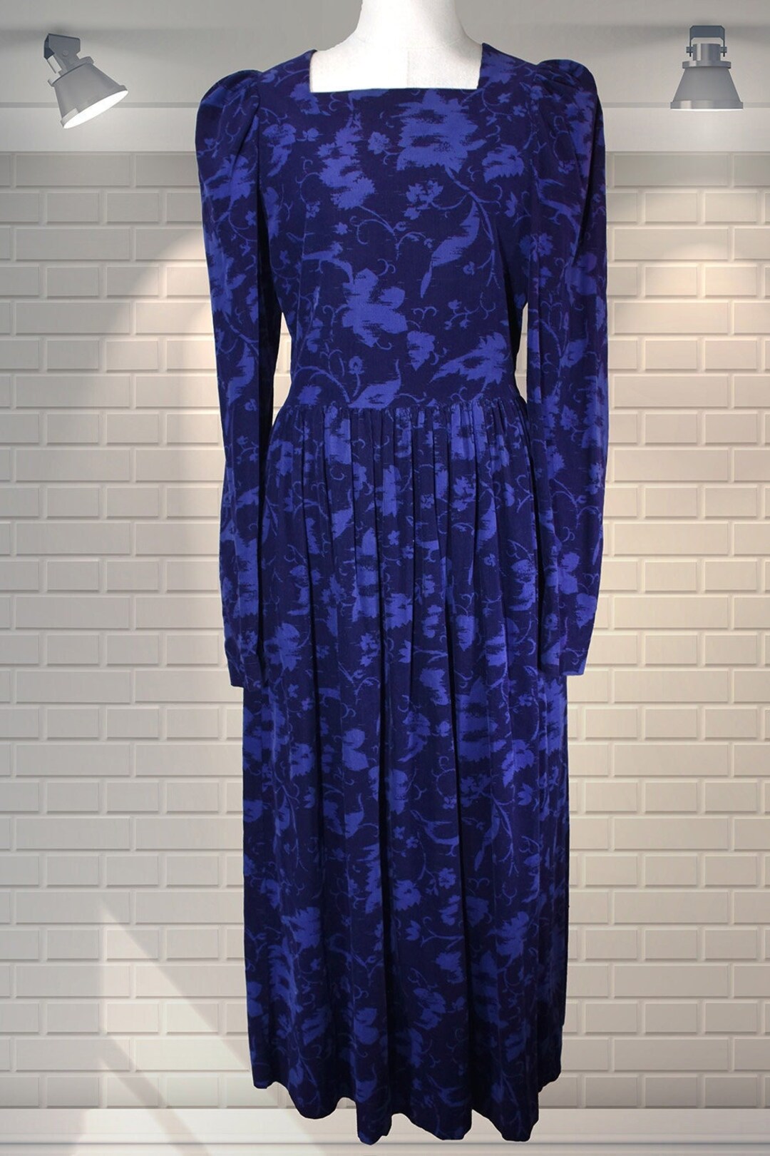 Romantic Vintage Laura Ashley Needlecord Floral Indigo Cottagecore Maxi ...